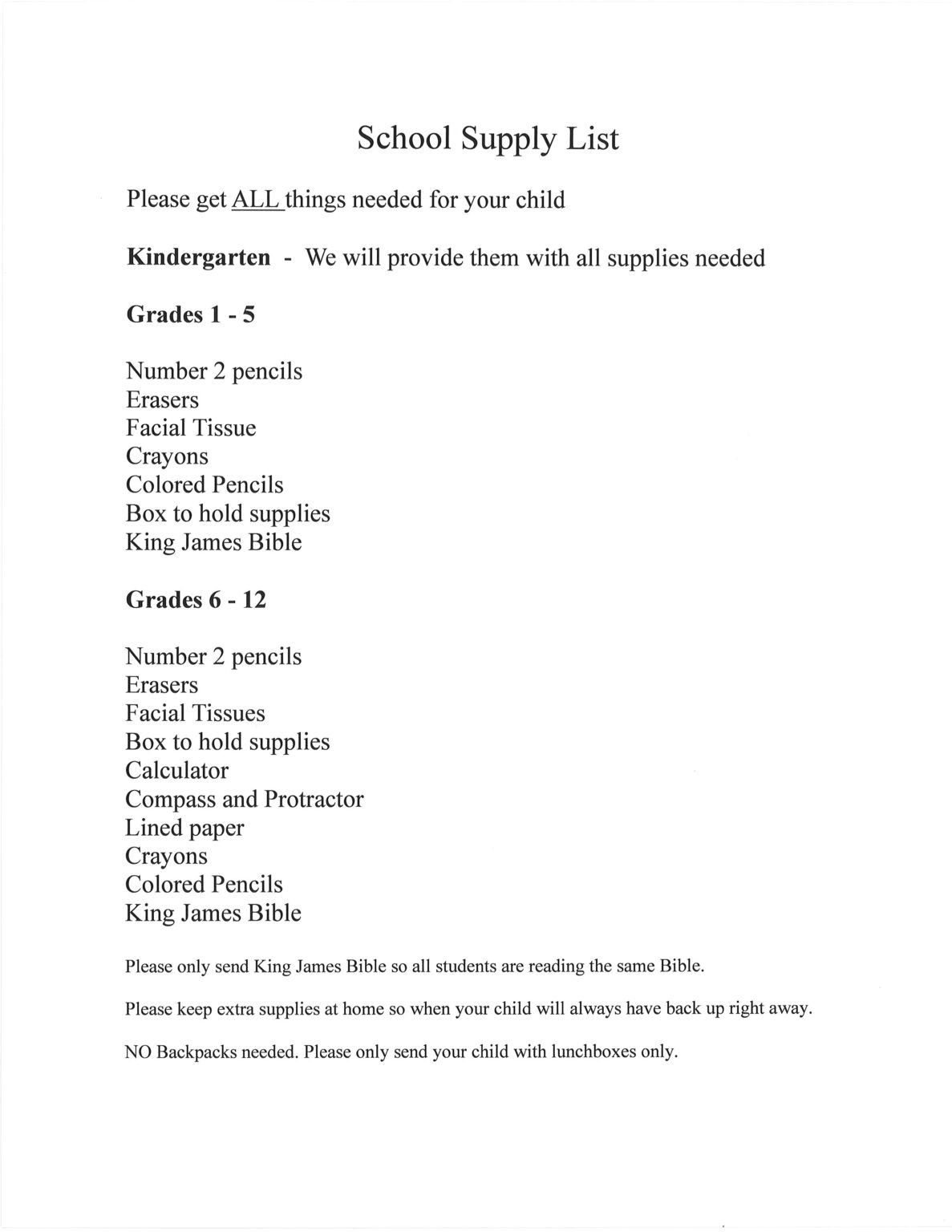 Supply List – Bethany School